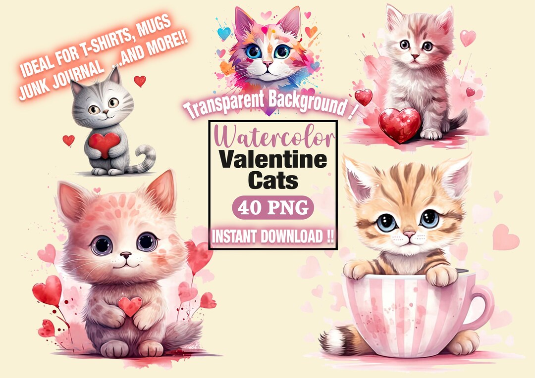 Watercolor Valentines Cat Clipart, Festive Cats Clipart, Valentines Day ...