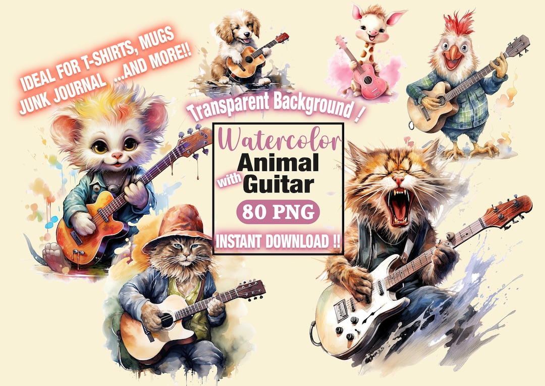 Cute Animal Playing Guitar, Funny Cat With Guitar, Cute Animal Png Svg ...