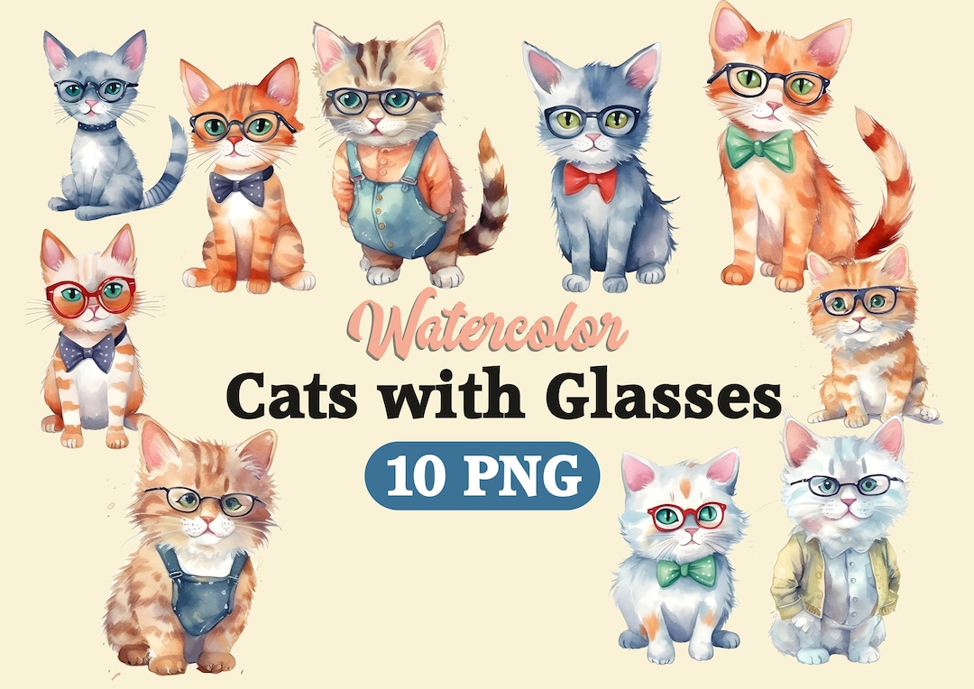 Cats With Glasses Png, Watercolor Cats, Funny Cats Clipart, Cats ...