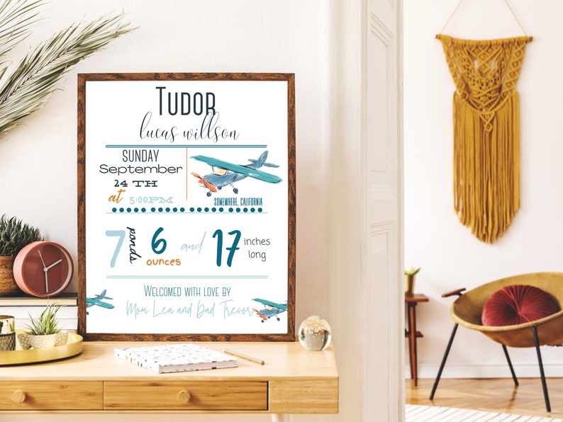 Baby Boy Birth Announcement Airplane Pilot Theme Nursery Wall Art ...