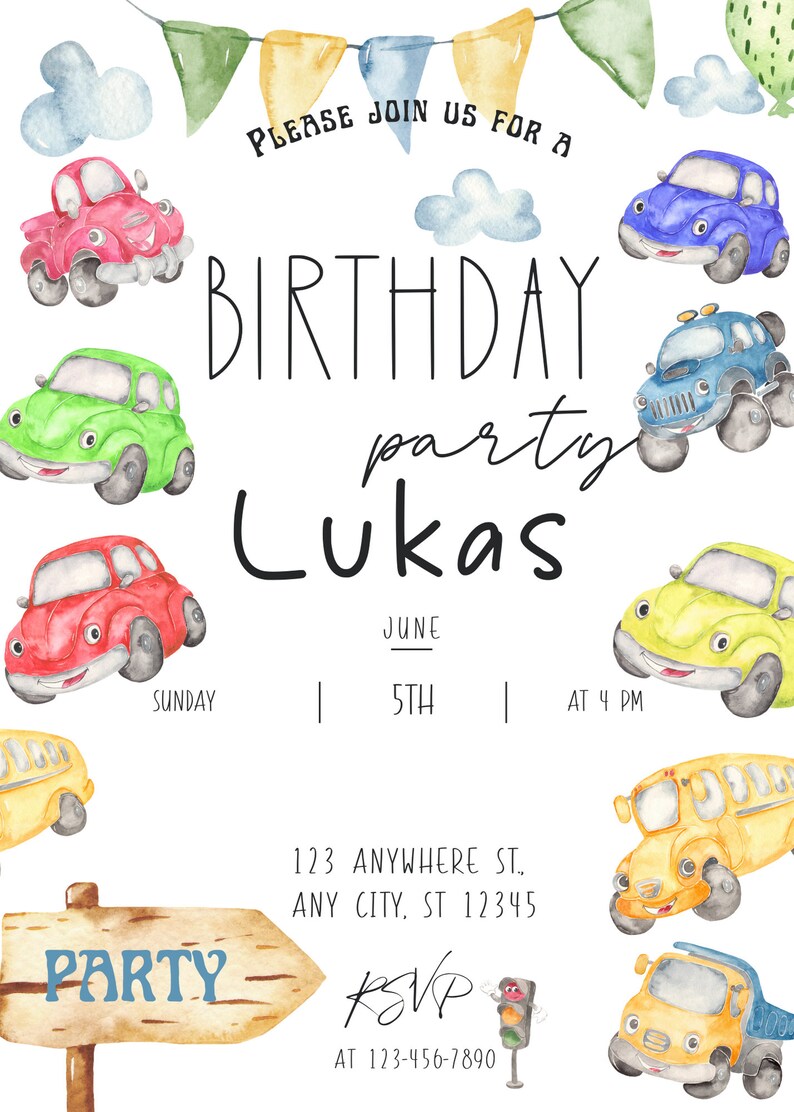Car Invitations, Transport Invitation, Transportation Birthday Invites ...