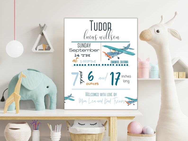 Baby Boy Birth Announcement Airplane Pilot Theme Nursery Wall Art ...
