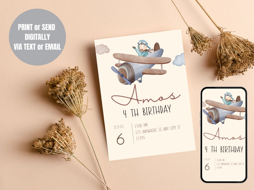 Modern Plane Invitation,airplane Birthday Invitation Template, Airplane ...