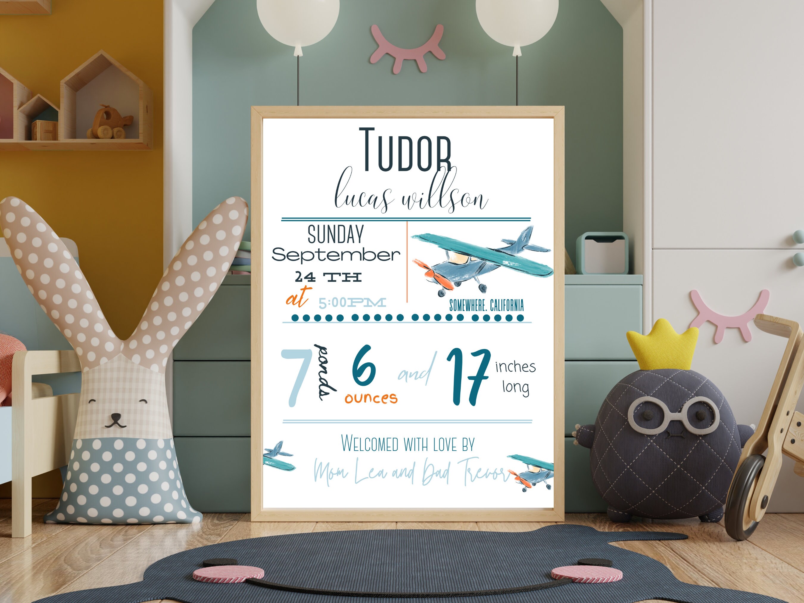 Baby Boy Birth Announcement Airplane Pilot Theme Nursery Wall Art ...
