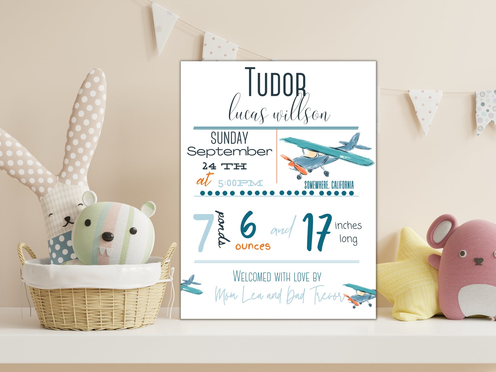 Baby Boy Birth Announcement Airplane Pilot Theme Nursery Wall Art ...
