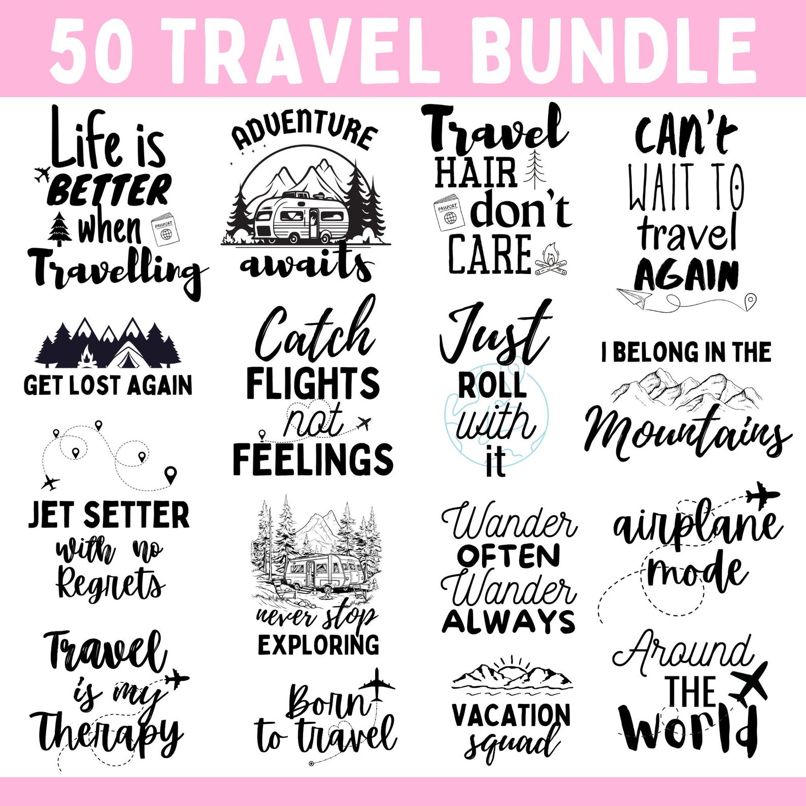 50 Travel SVG PNG Bundle, Travel Quotes SVG, Camping Svg, Adventure Svg ...