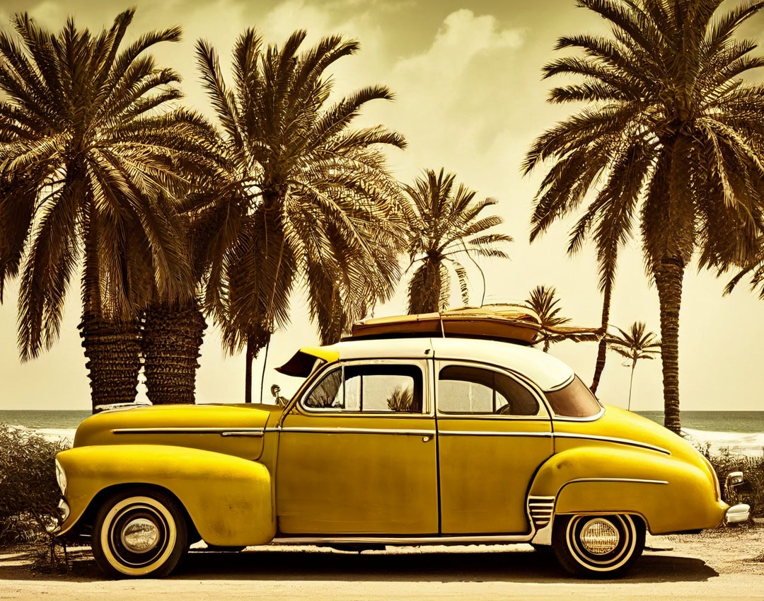 Yellow Classic Car Vintage Look on Beach - Etsy