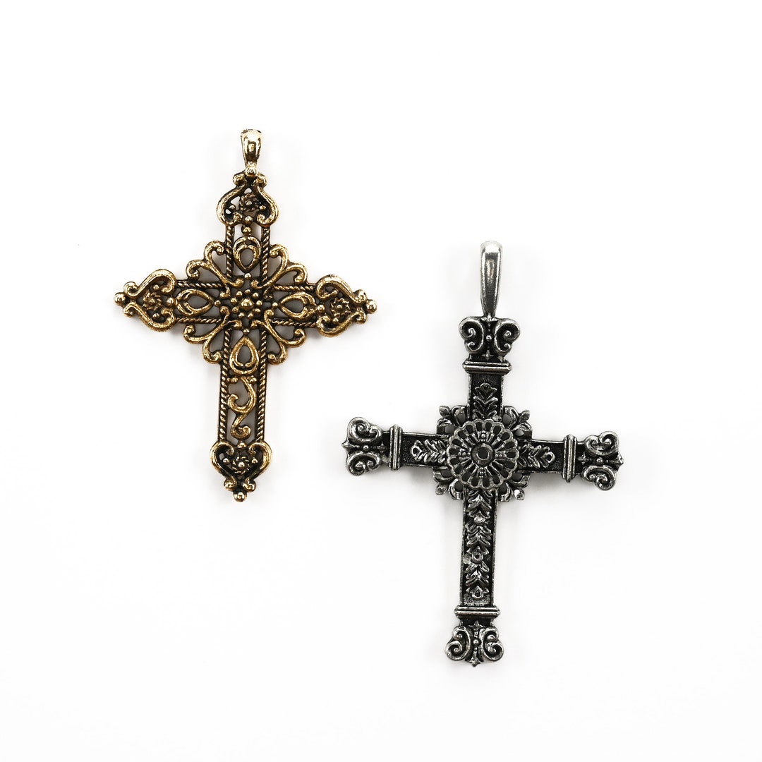 Ornate Pewter Large Cross Pendant or Charm, Antique Gold or Silver - Etsy