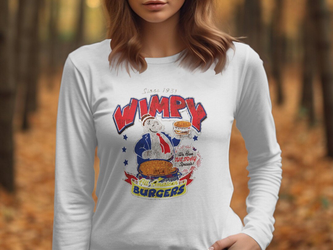 Retro Wimpy All American Burgers Graphic Long Sleeve T-shirt, Vintage ...