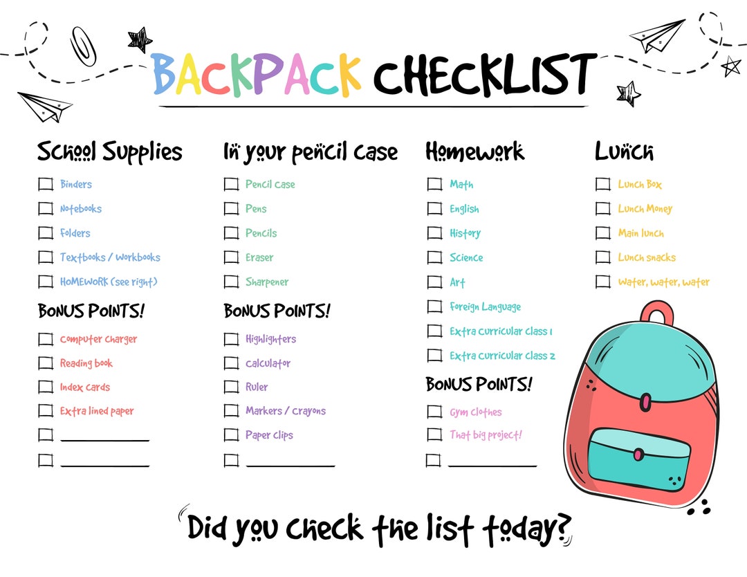 Back to School Backpack Checklist - Etsy