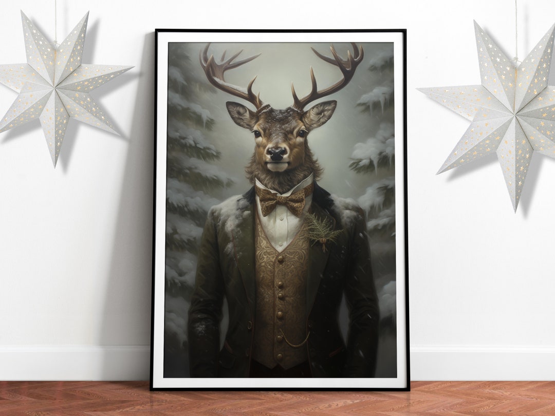 Vintage Christmas Reindeer Portrait, Classical Wildlife Wall Art ...