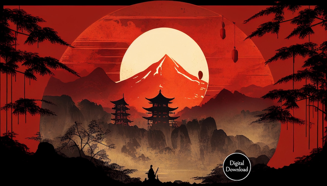 Traditional Japanese Village at Sunset With Mountain Scenery Printable ...