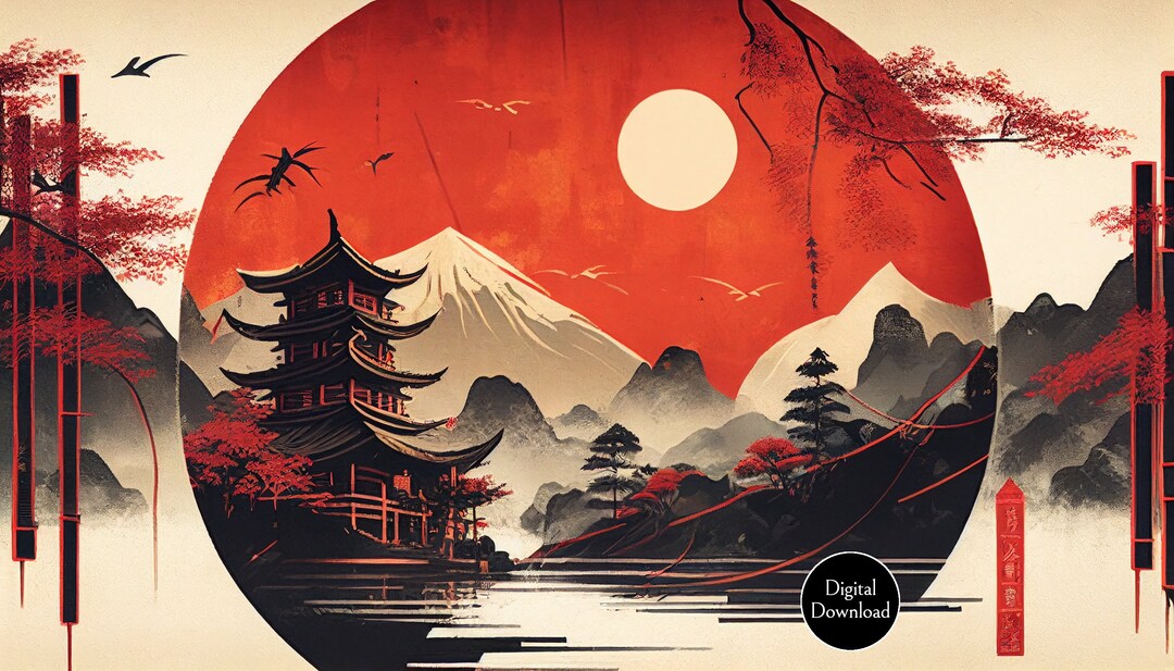 Traditional Japanese Village at Sunset With Mountain Scenery Printable ...