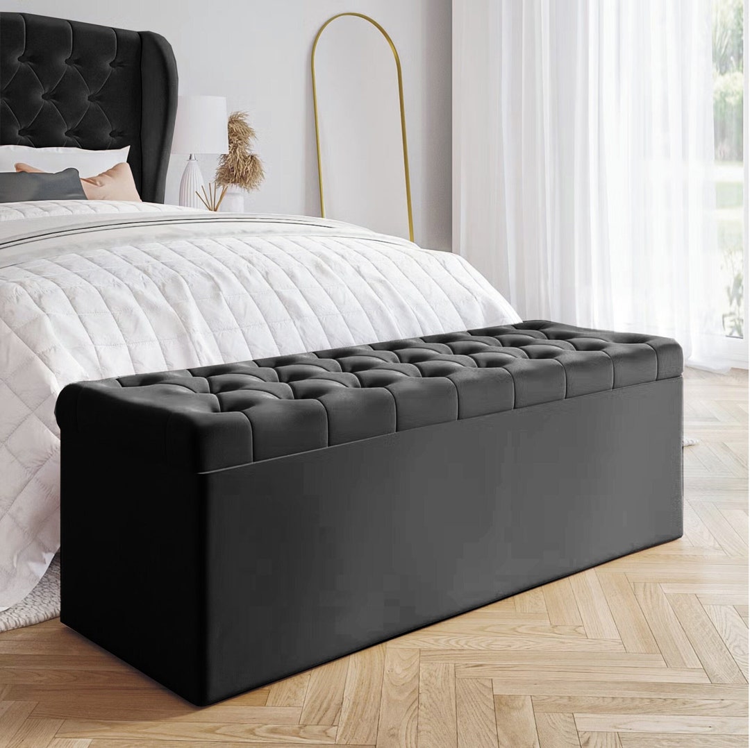 Large Ottoman Storage Box, Plush Velvet Tufted Ottoman Bench, Blanket ...