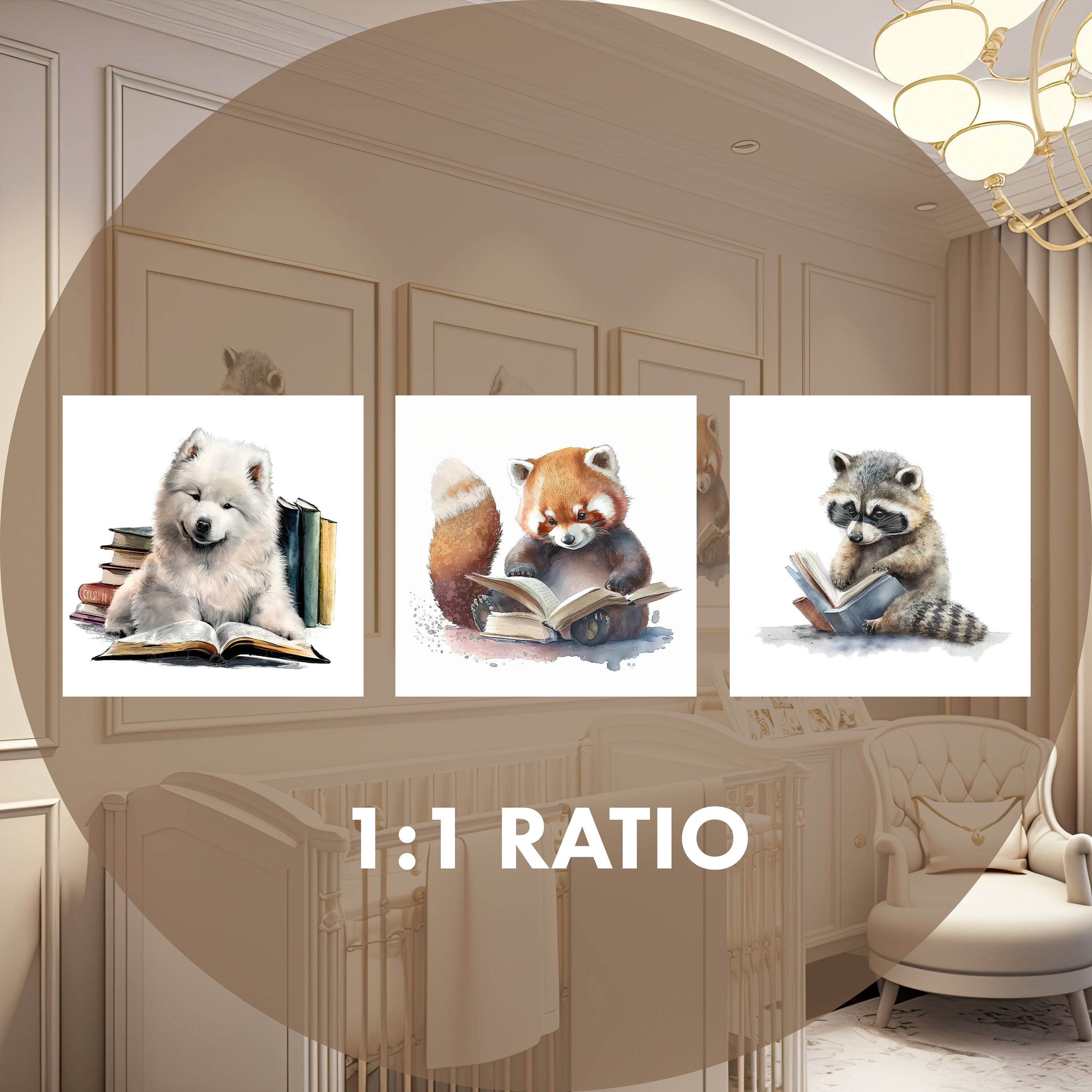 Baby Animals Reading Watercolor 3 Picture Set Digital Download High ...