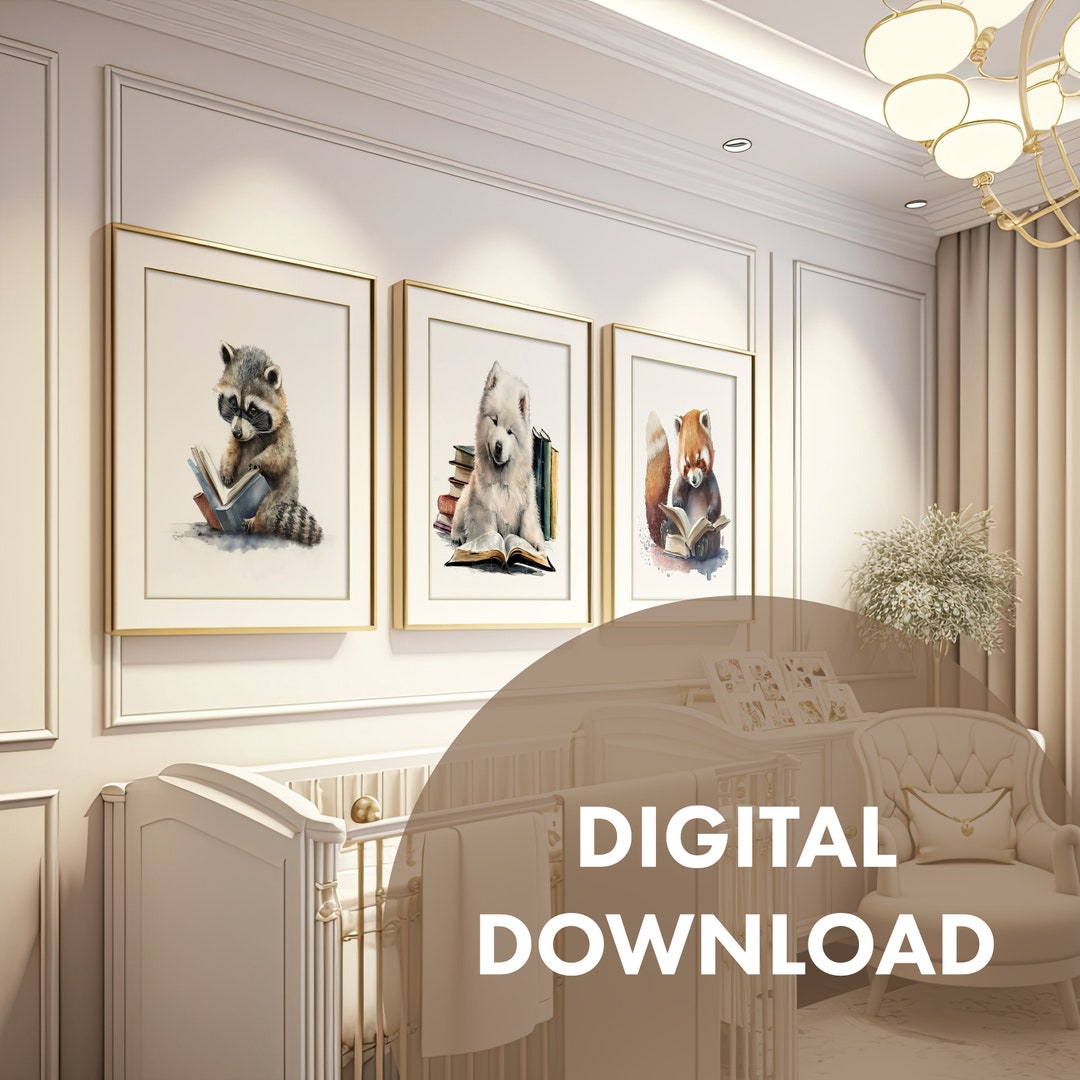 Baby Animals Reading Watercolor 3 Picture Set Digital Download High ...