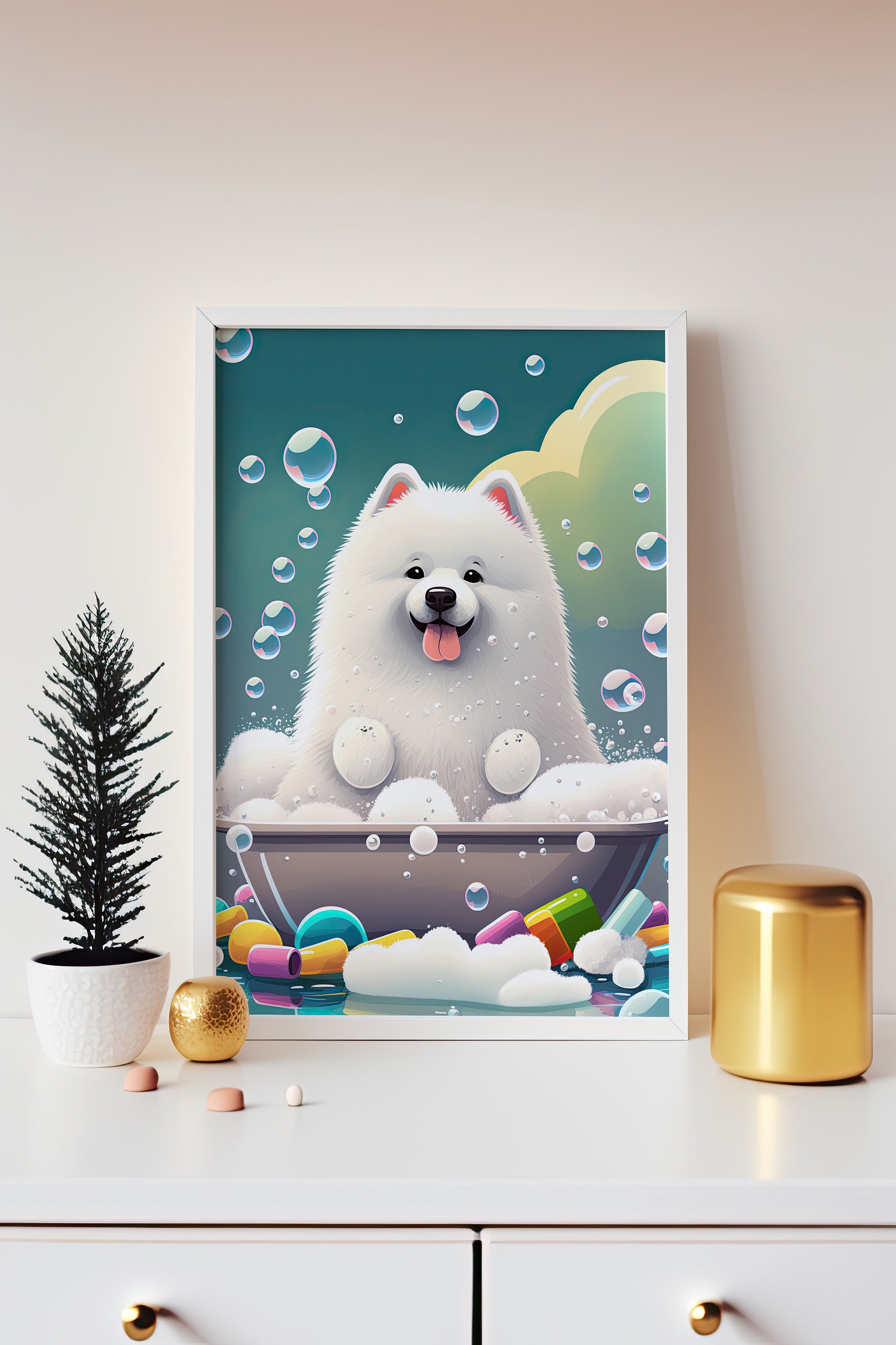 Samoyed in a Bathtub Print Digital Download Dog Wall Art Decor, High ...