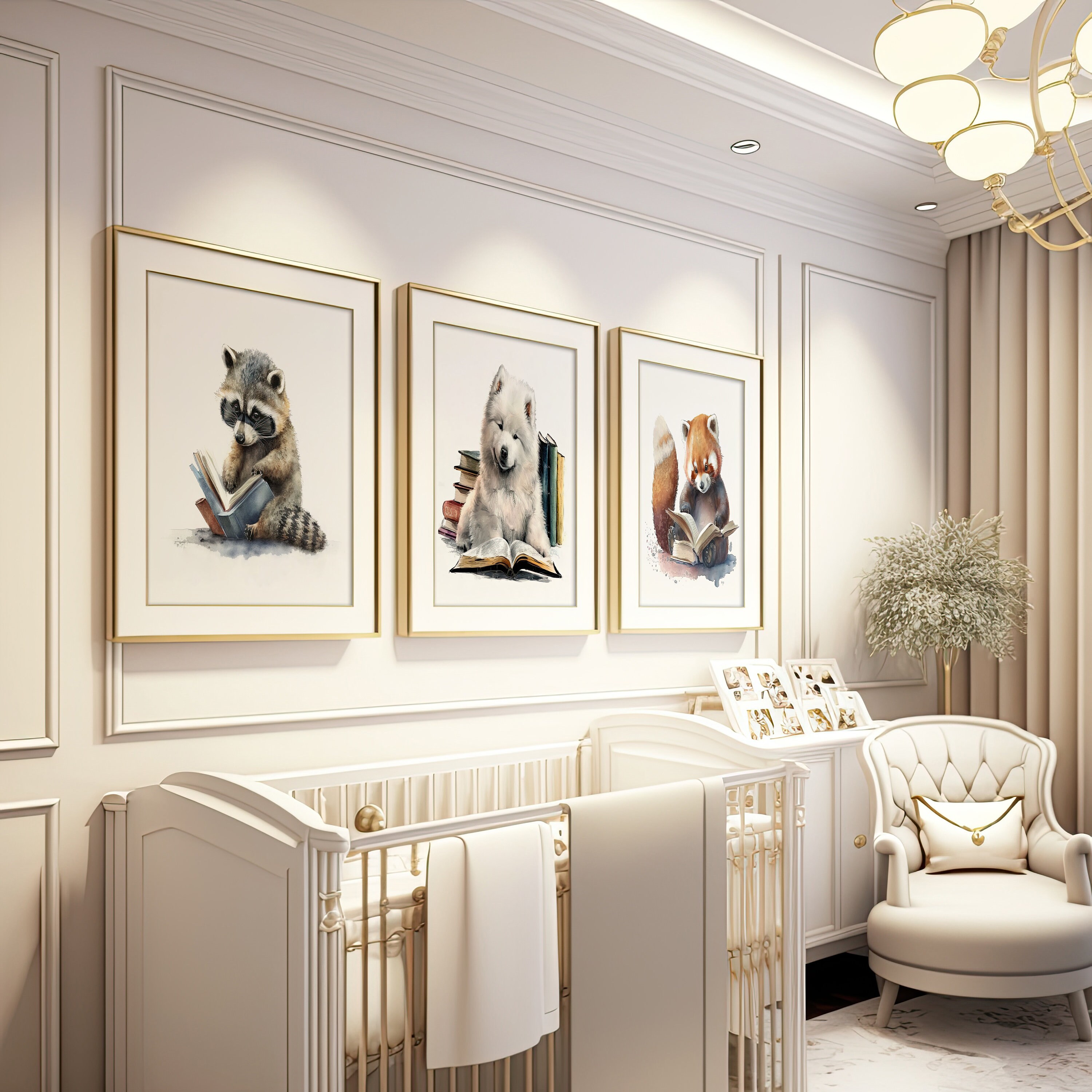 Baby Animals Reading Watercolor 3 Picture Set Digital Download High ...