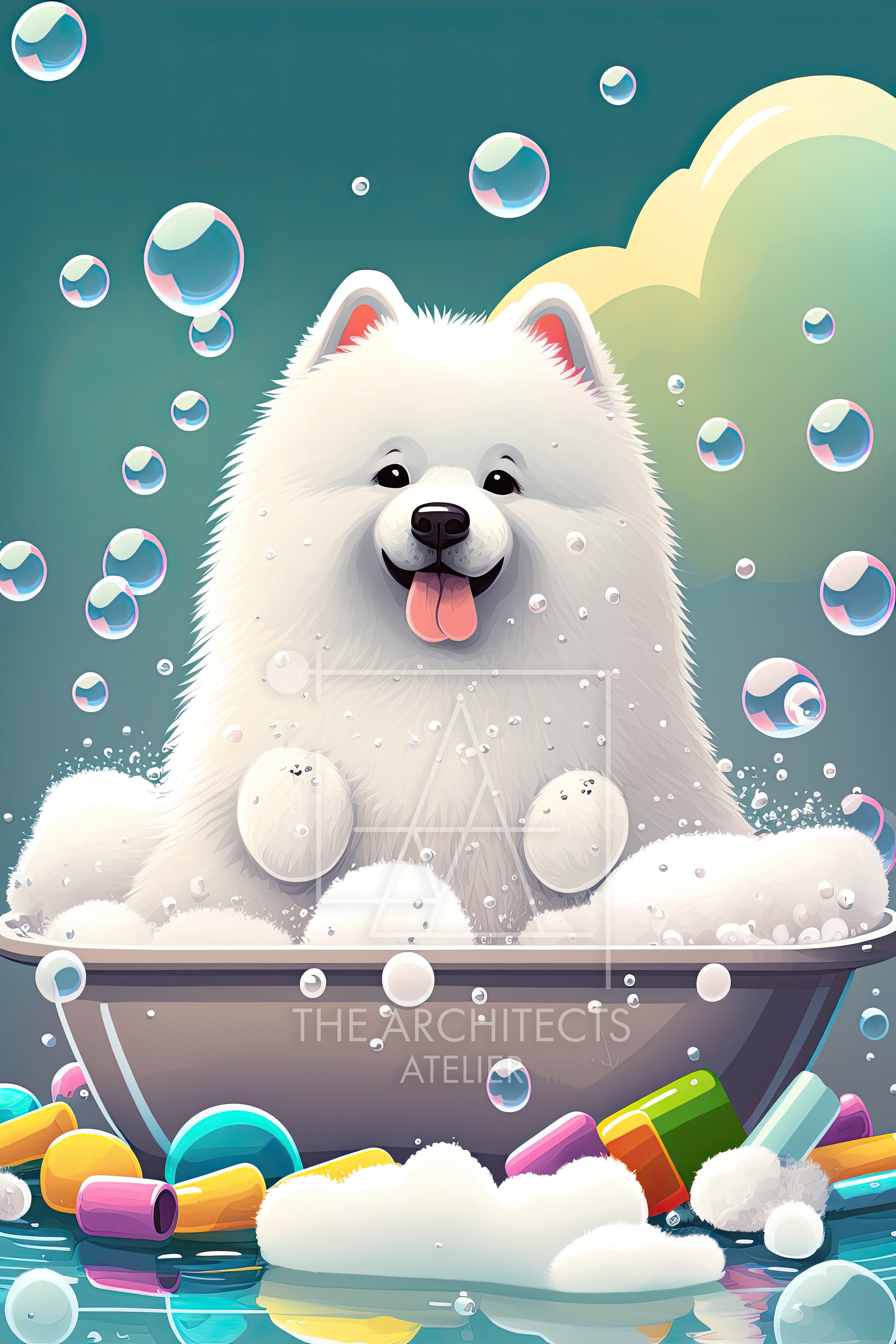 Samoyed in a Bathtub Print Digital Download Dog Wall Art Decor, High ...