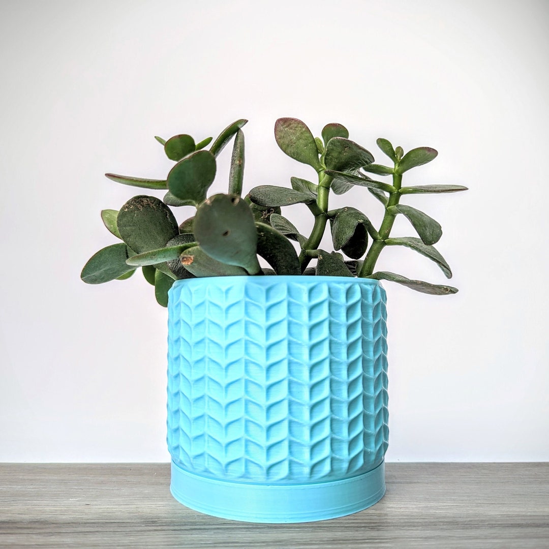 Light Blue Mint Planter, Modern Plant Pot With Drain Tray, Geometric ...
