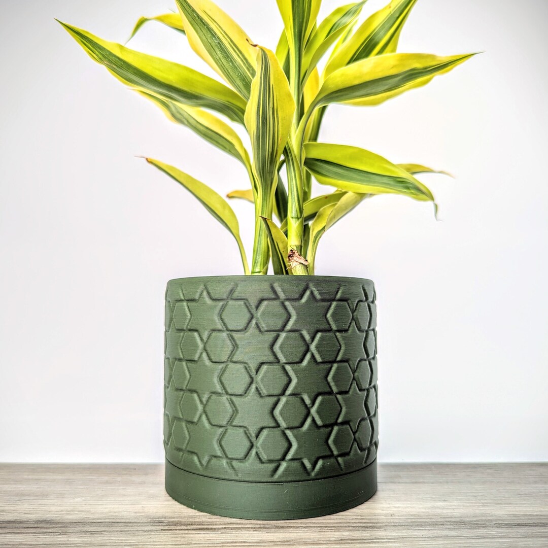 Dark Green Olive Pot, Star Patterned Planter With Drainage Tray, Made ...