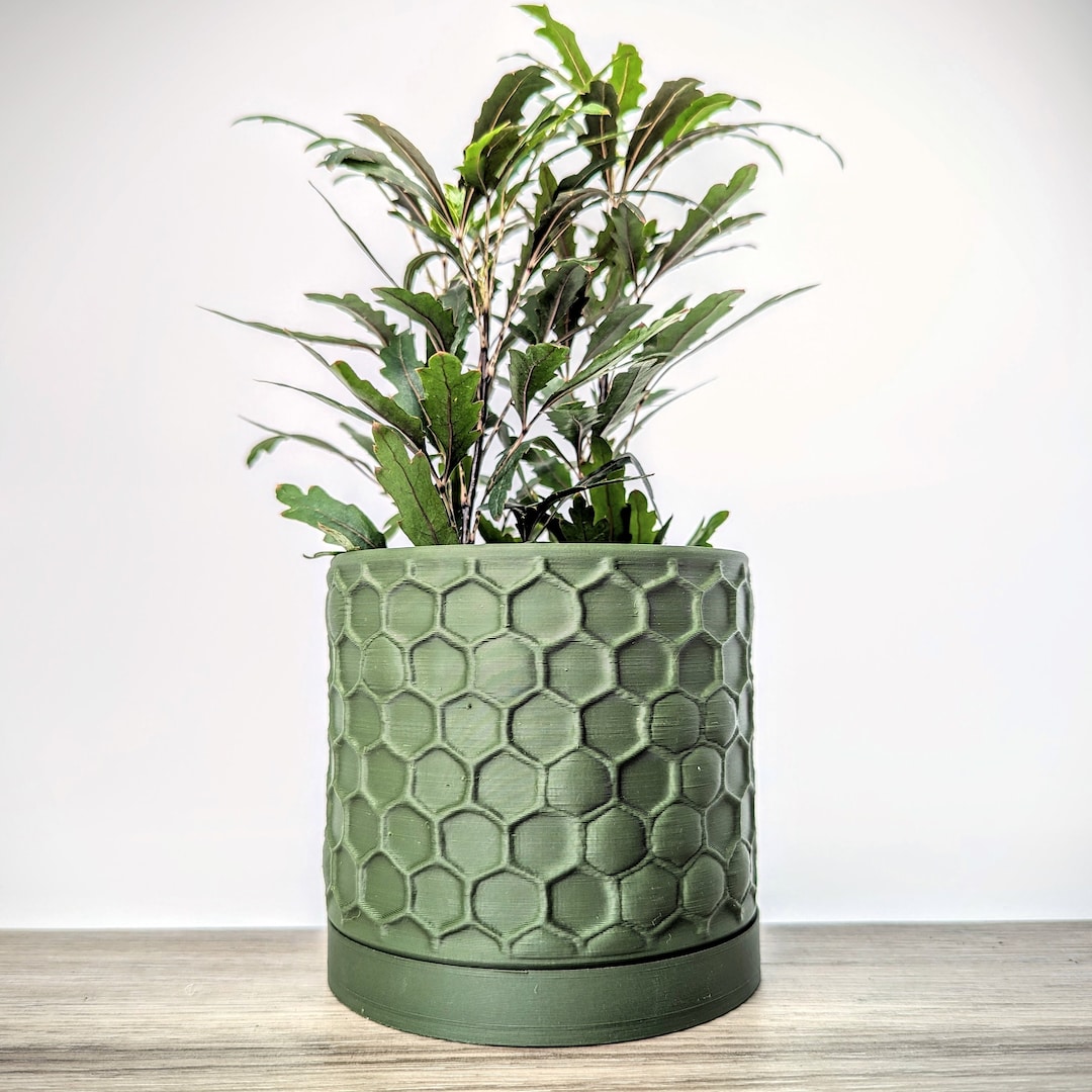 Dark Green Olive Pot, Honeycomb Planter With Drainage Tray, Made From ...