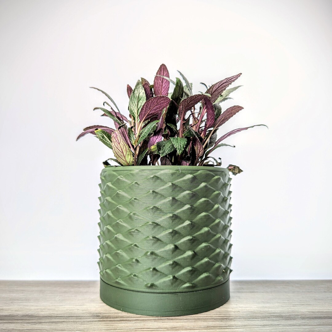 Dark Olive Green Pot, Dragon Scale Planter With Drainage Tray, Made ...