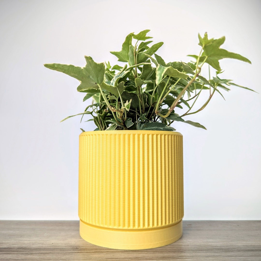 Light Pastel Yellow Planter, Fin Plant Pot With Drain Tray, Made From ...