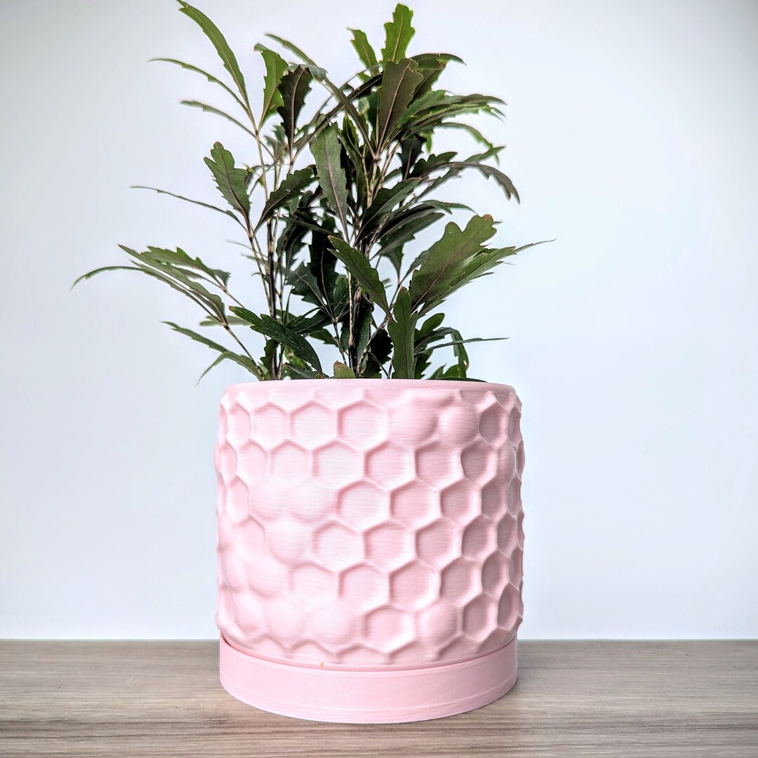 Light Pastel Pink Pot, Honeycomb Planter With Drainage Tray, Made From ...