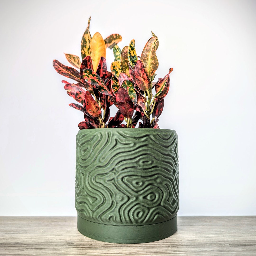 Dark Green Olive Pot, Coral Maze Planter With Drainage Tray, Made From ...