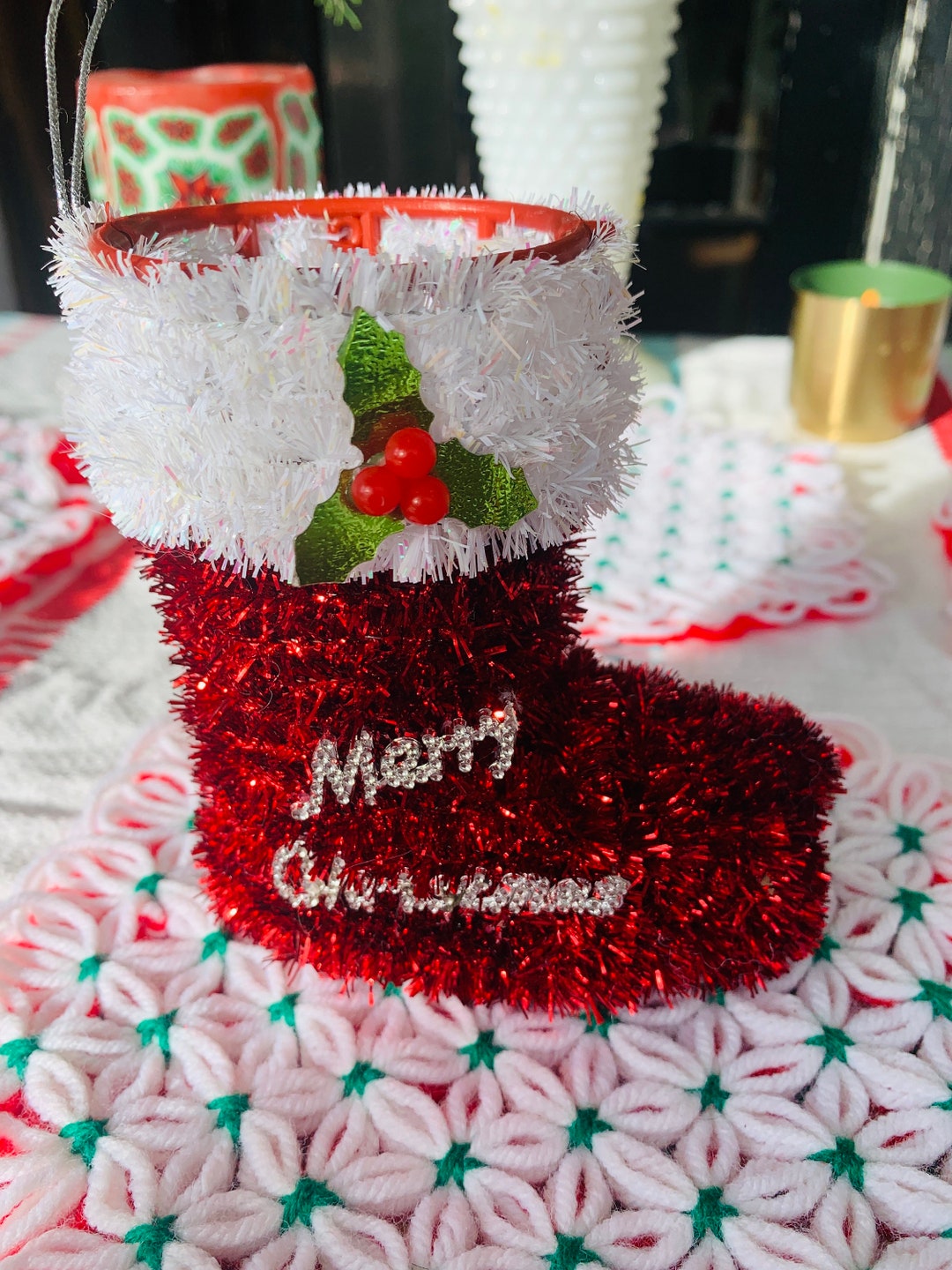 Merry Christmas Tinsel Stocking Ornament. Vintage MCM. Adorable Mid ...