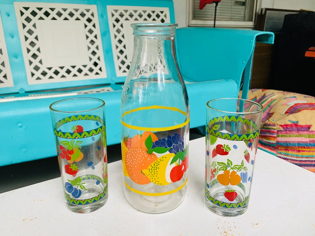 Set of Vintage Fruit Juice Container and Two Glasses. Colorful - Etsy