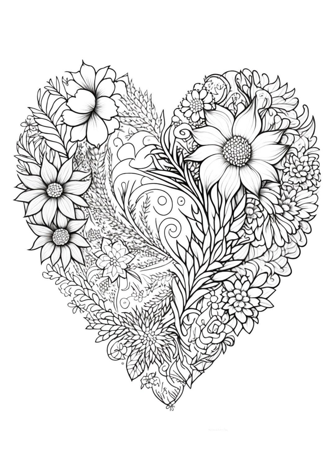 Flower Heart Coloring Page: Printable Floral Design for Relaxation and ...