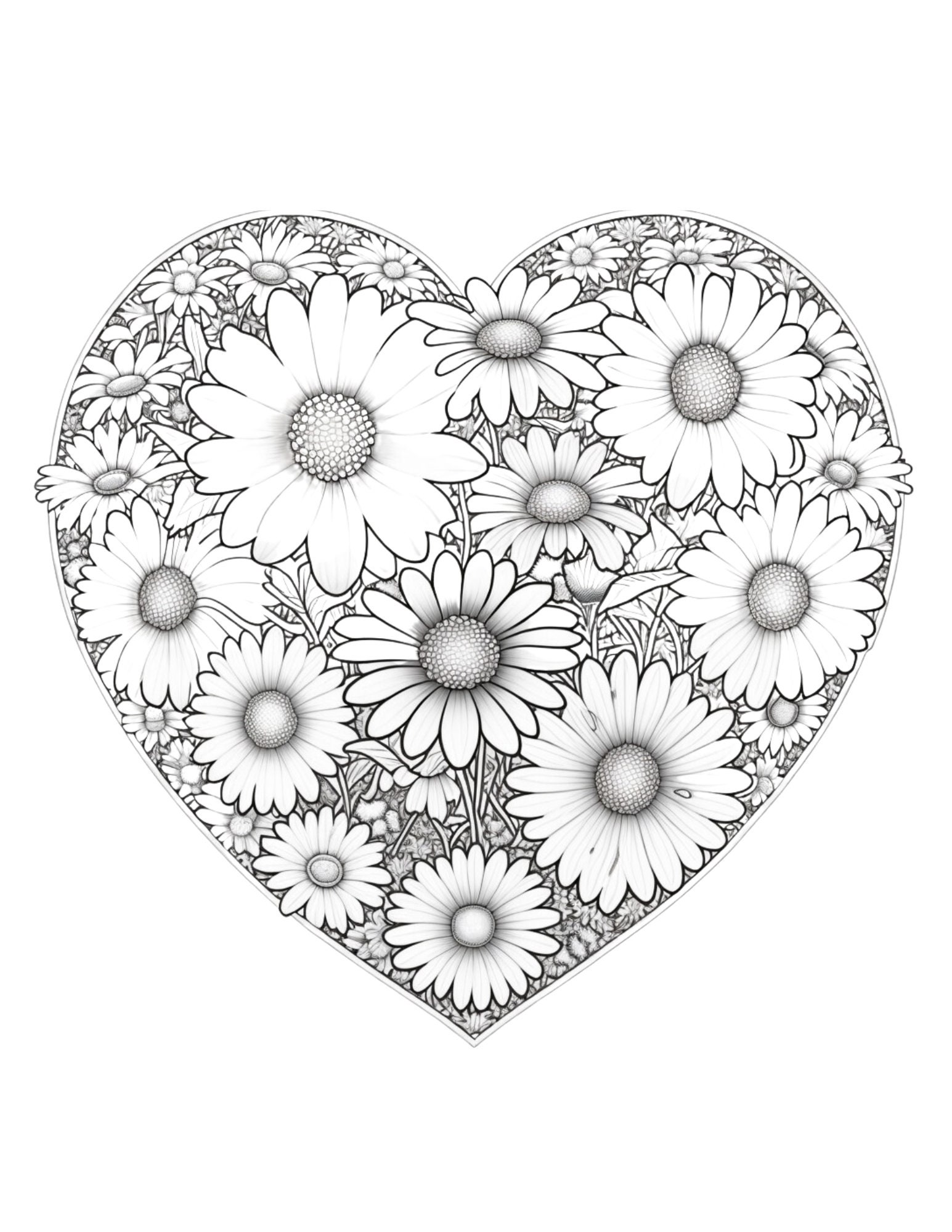Daisy Heart Coloring Page - Printable Floral Design for Relaxation and ...
