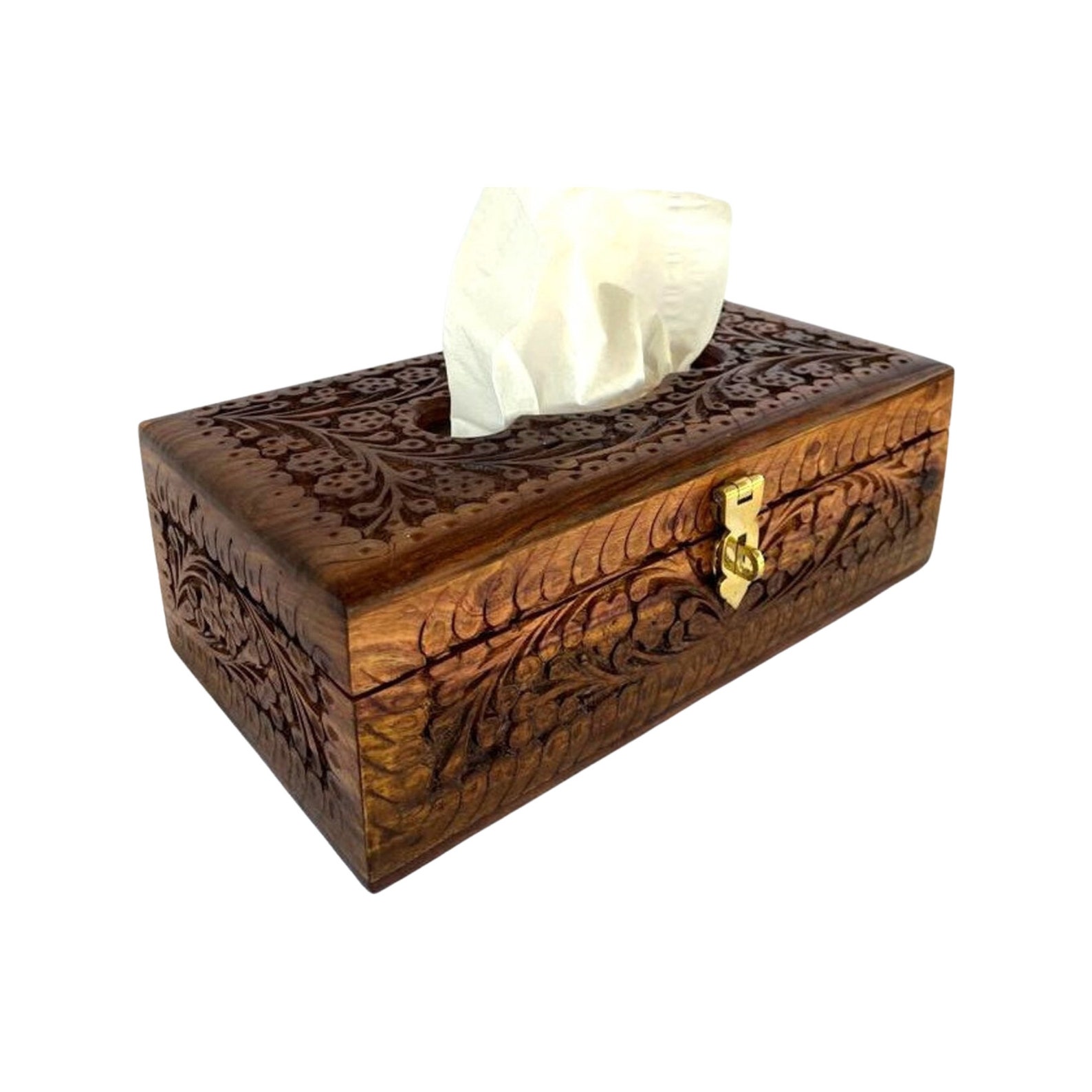 Handcrafted Rosewood Tissue Box 11x6x4 With Floral Carving Elegant Wood ...
