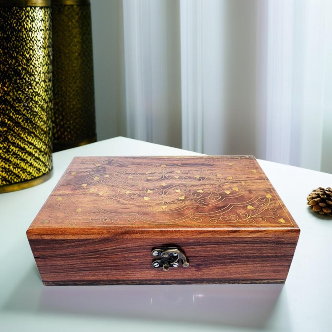 Jewelry Box 8"x5"x3" With Brass Inlay – Mystical Design, Elegant Makeup ...