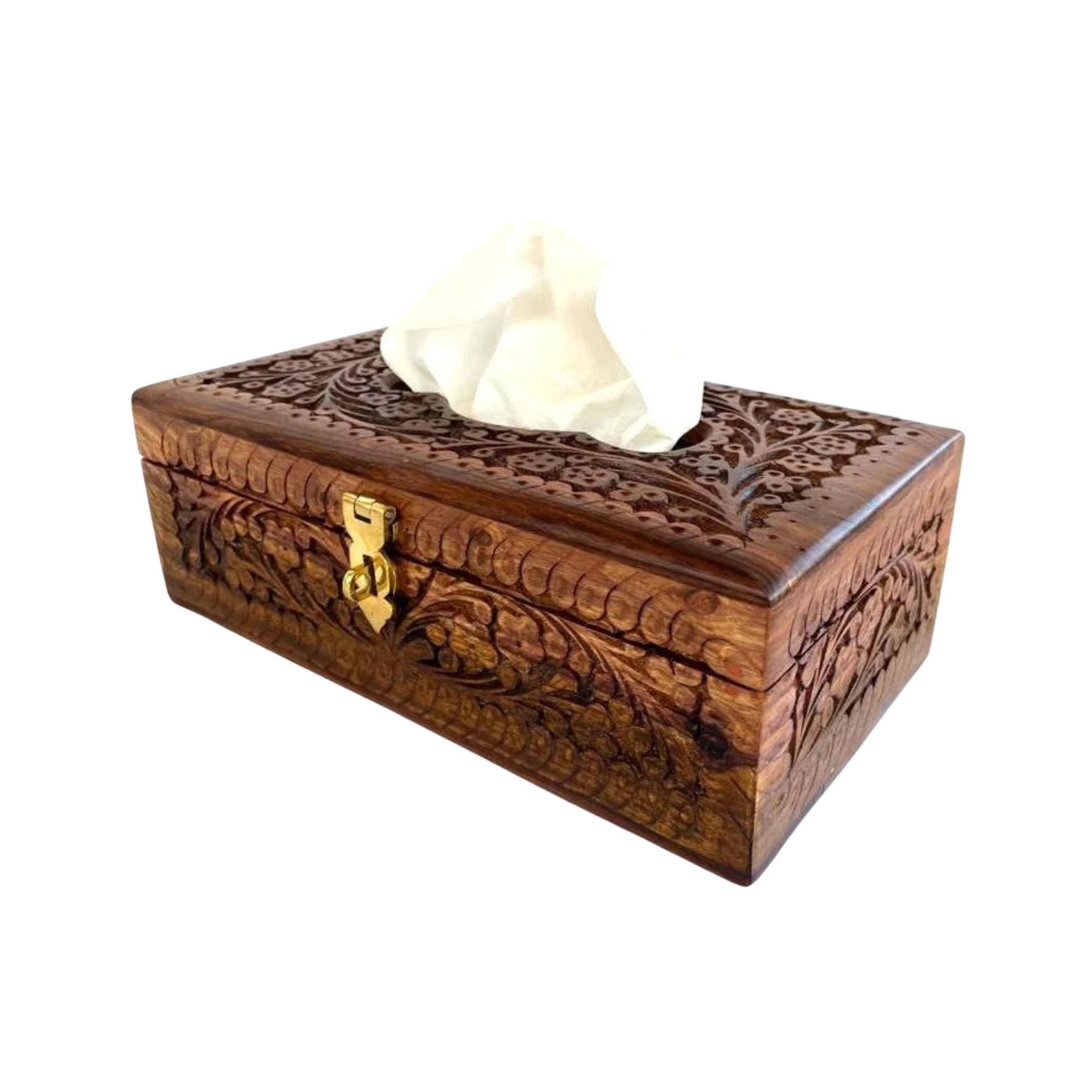Handcrafted Rosewood Tissue Box 11x6x4 With Floral Carving Elegant Wood ...