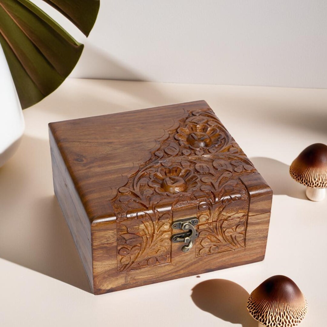 Jewelry Box 5x5x4 – Carved Floral Design With Lock, Wooden Chest for ...