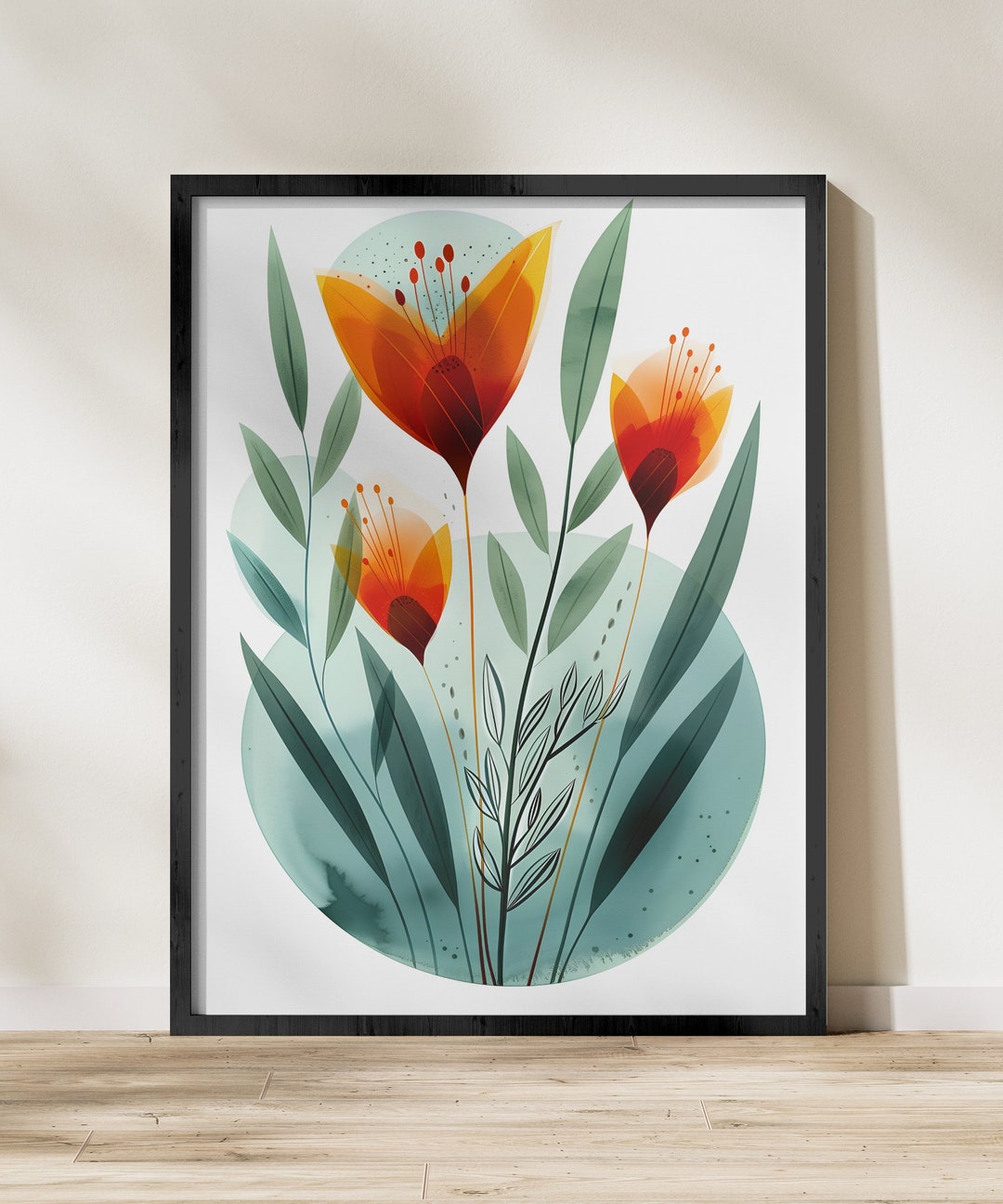 Modern Botanical Art Print, Abstract Floral Digital Download, Red Green ...