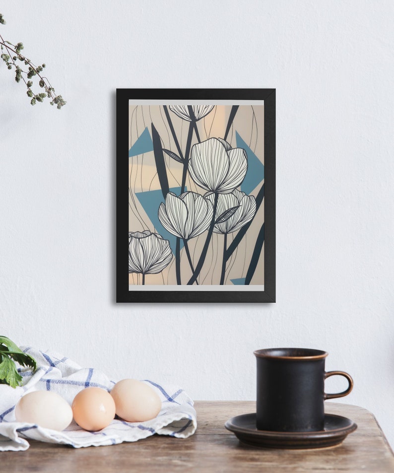 Modern Abstract Floral Art Print, Blue and Beige Digital Illustration ...