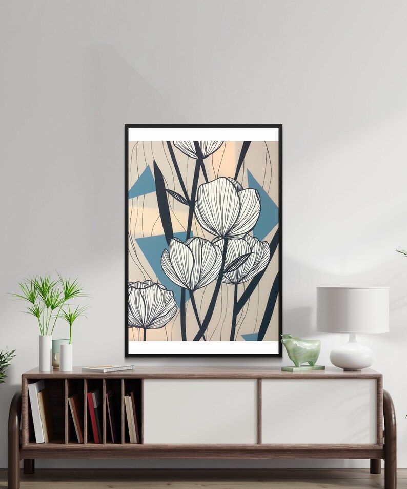 Modern Abstract Floral Art Print, Blue and Beige Digital Illustration ...