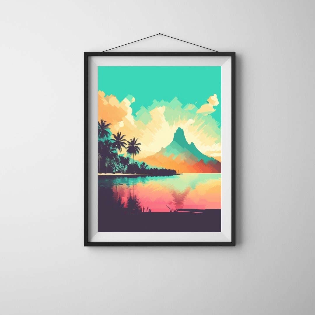 Retro Modern Digital Download Painting of Bora Bora Vibrant Beach ...