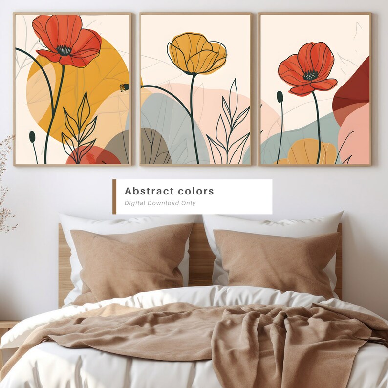 Mid-century Modern Floral Art Print, Minimalist Line Botanicals With ...