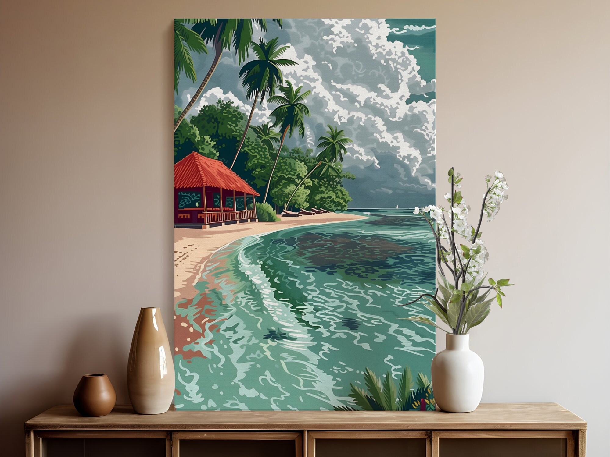 Tropical Beach Scene Digital Print, Exotic Island Beach House Wall Art ...