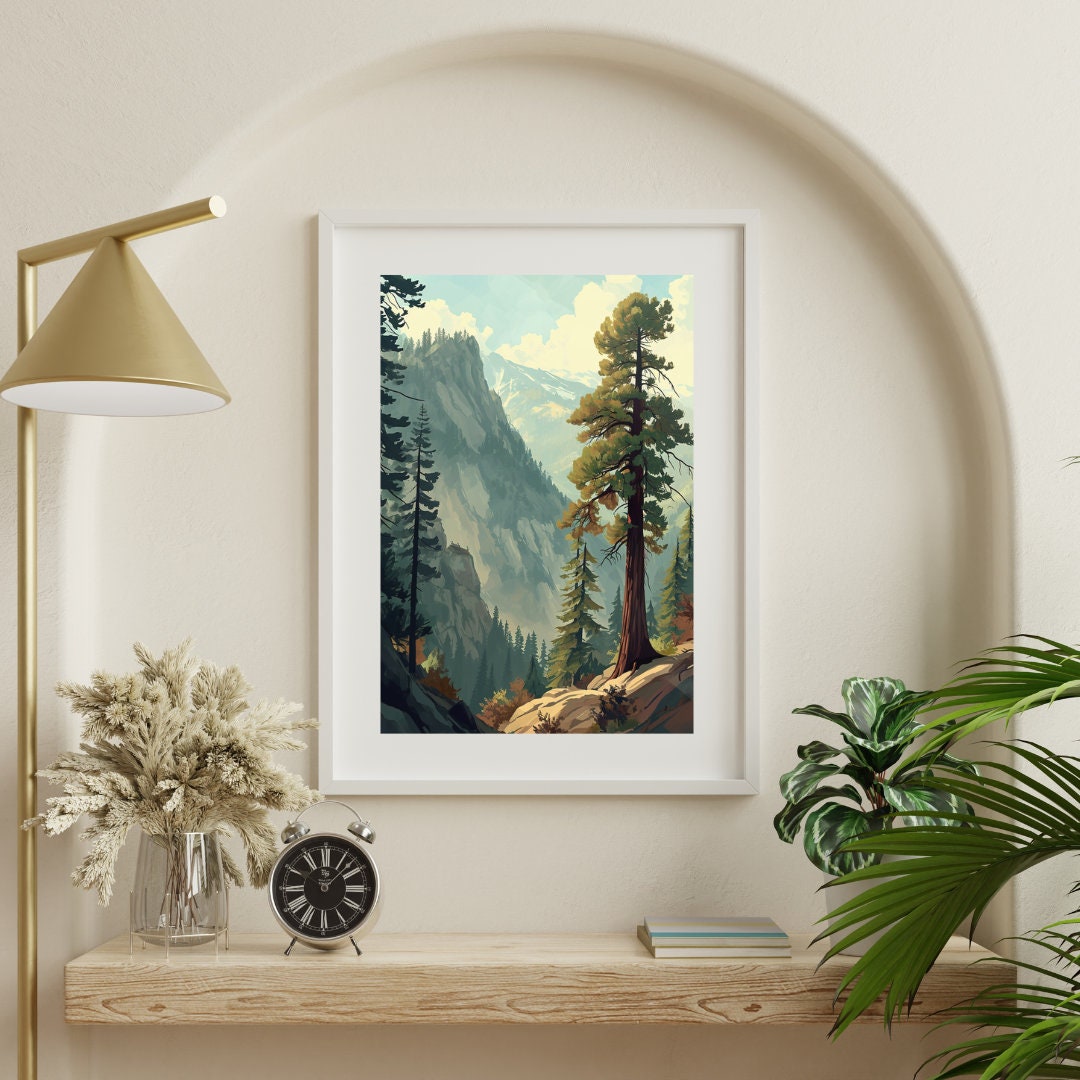 Stylized Sequoia Art Muted Forest Colors, Mountainous Split Background ...