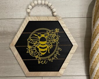 Bee Happy Sign, Wood Bee Sign, Home Decor, Bee Happy Decor, Rustic Wood ...