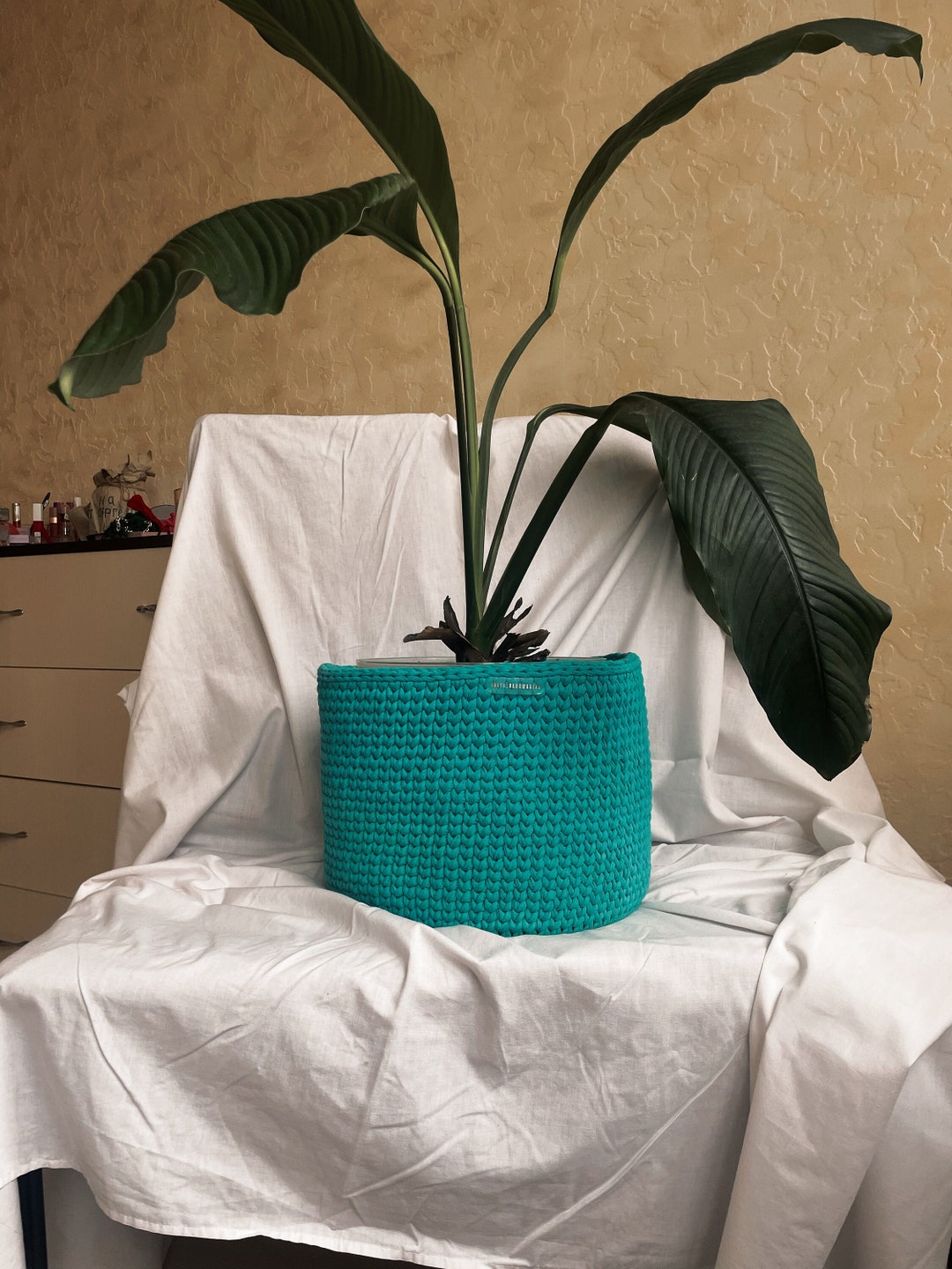 Elegant Blue Unique Yarn Flower Pot on Wooden Base Custom Color Choices ...