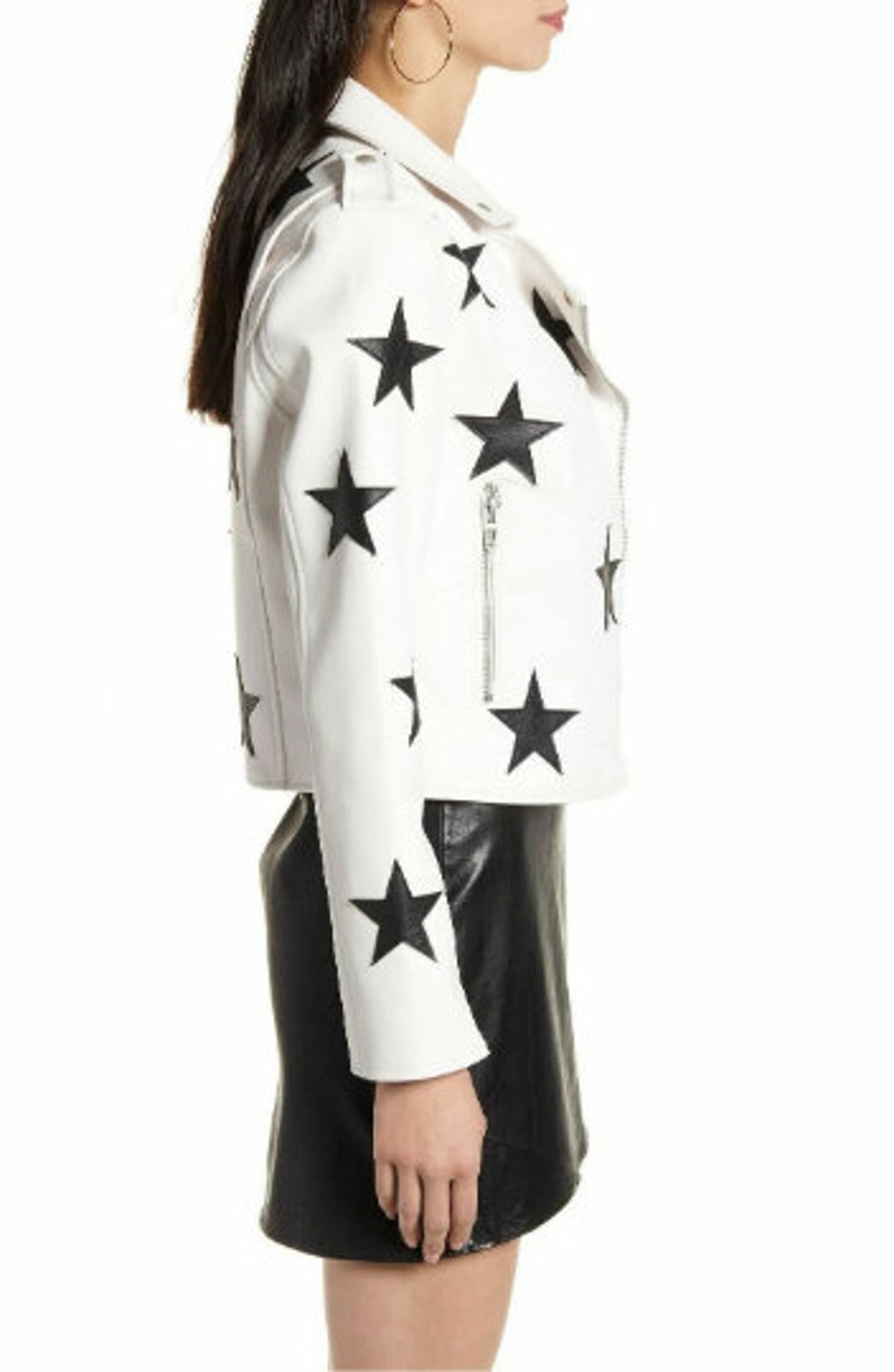 Handmade Women White Star-patch Leather Belted Moto Jacket Star Patch ...