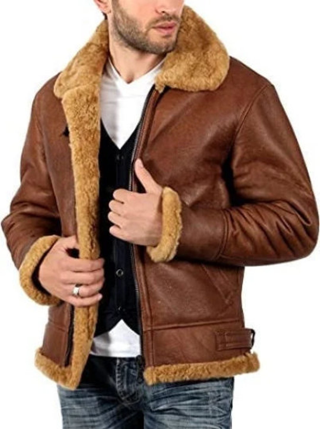 Men's Vintage Brown B3 Bomber RAF Aviator Jacket Winter Bomber Fur Coat ...