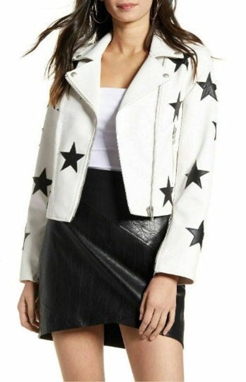 Handmade Women White Star-patch Leather Belted Moto Jacket Star Patch ...